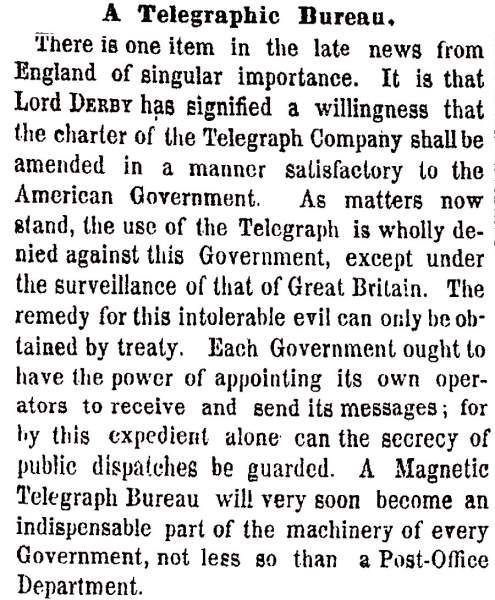 “a Telegraphic Bureau ” New York Times September 1 1858 House Divided